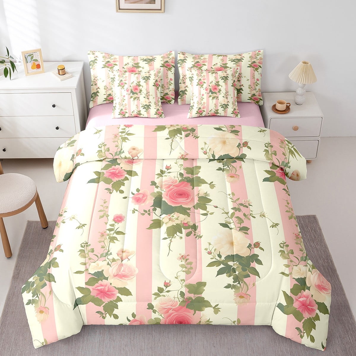 Pink Floral Bedding Set Twin 7 Pcs Women,Retro Vintage Flower Bed in a ...