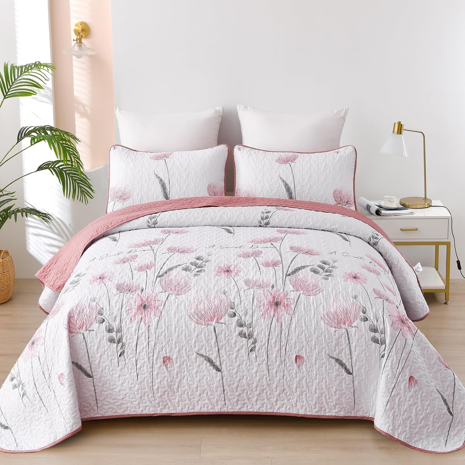 Pink Floral Bedspread Set Queen Size 3 Pieces Reversible Summer Bedding ...