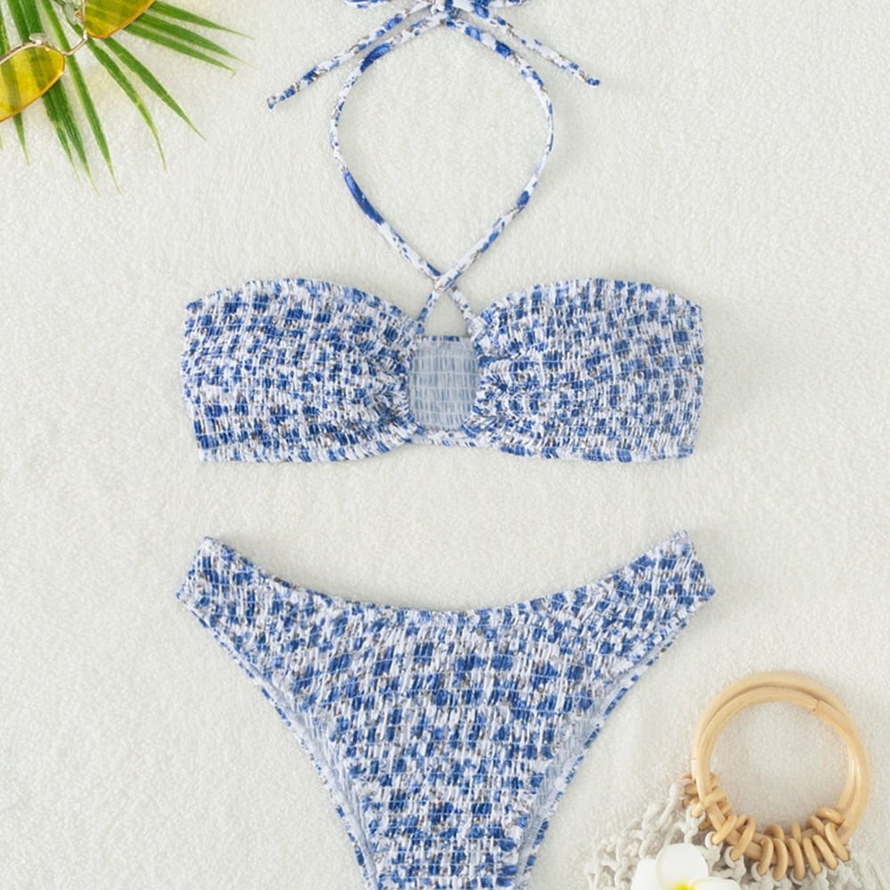 Pink Floral Bikini Set Women Sexy Halter Triangle Swimsuit Two Pieces Bathing Suit Swimwear