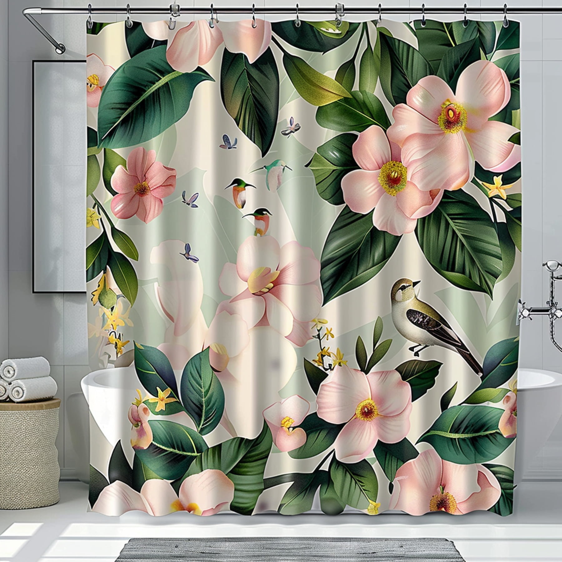 Pink Floral Bird Design Shower Curtain Stylish Bathroom Decor Hyper ...
