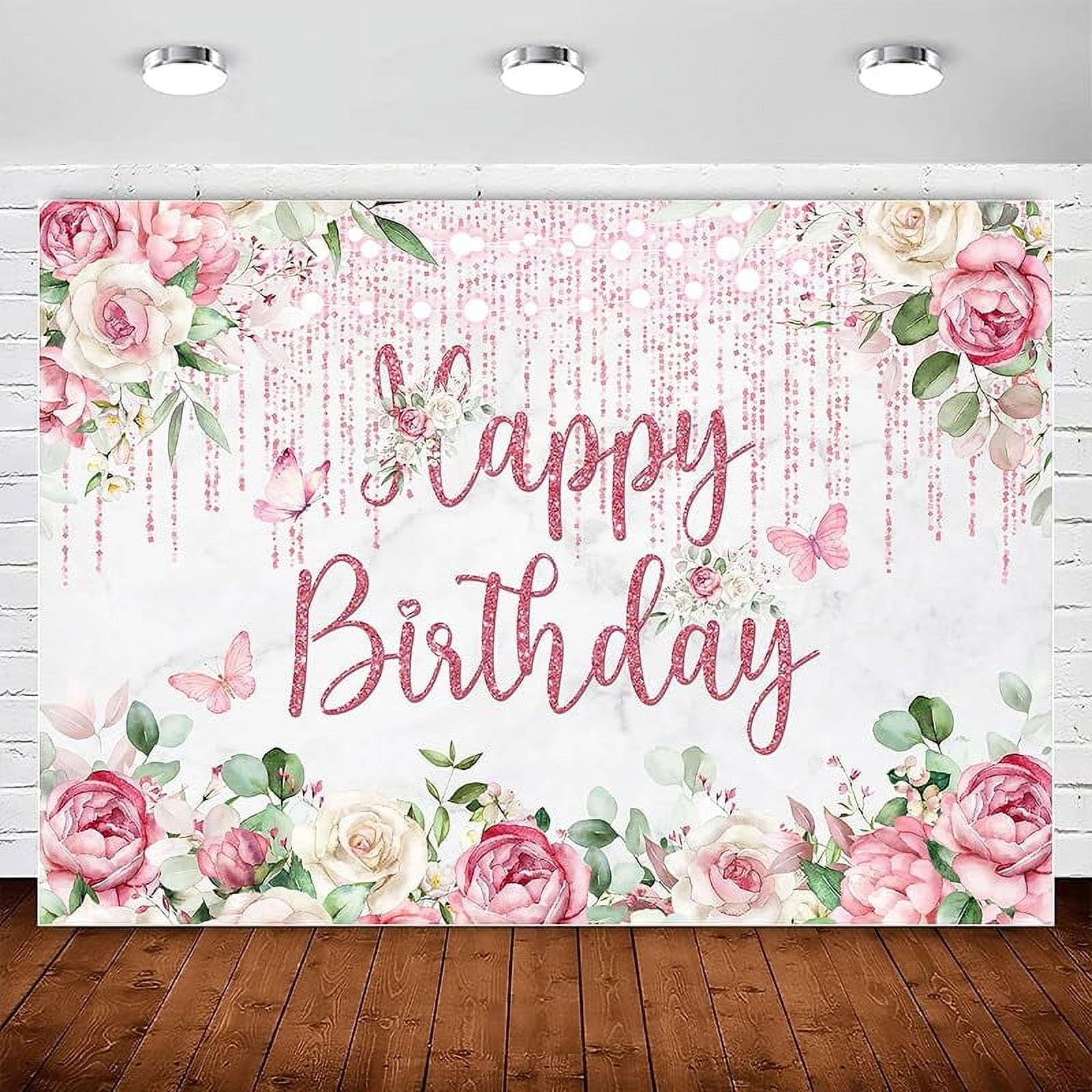 Pink Floral Birthday Backdrop Banner Women Birthday Party Decorations ...