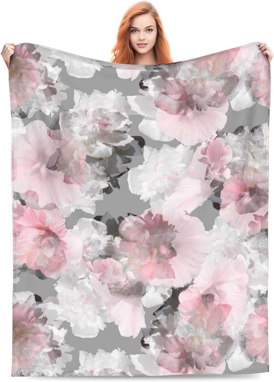 Pink Floral Blanket Gifts for Women Girls Grey White Peony Flower ...