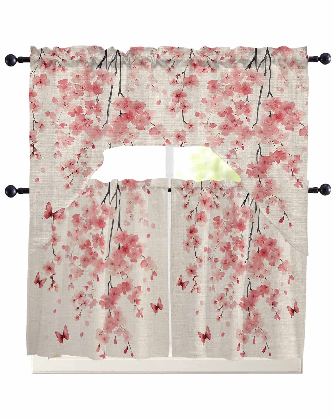 Pink Floral Blossom Kitchen Curtains Swag Valance and Tier Curtains Set ...