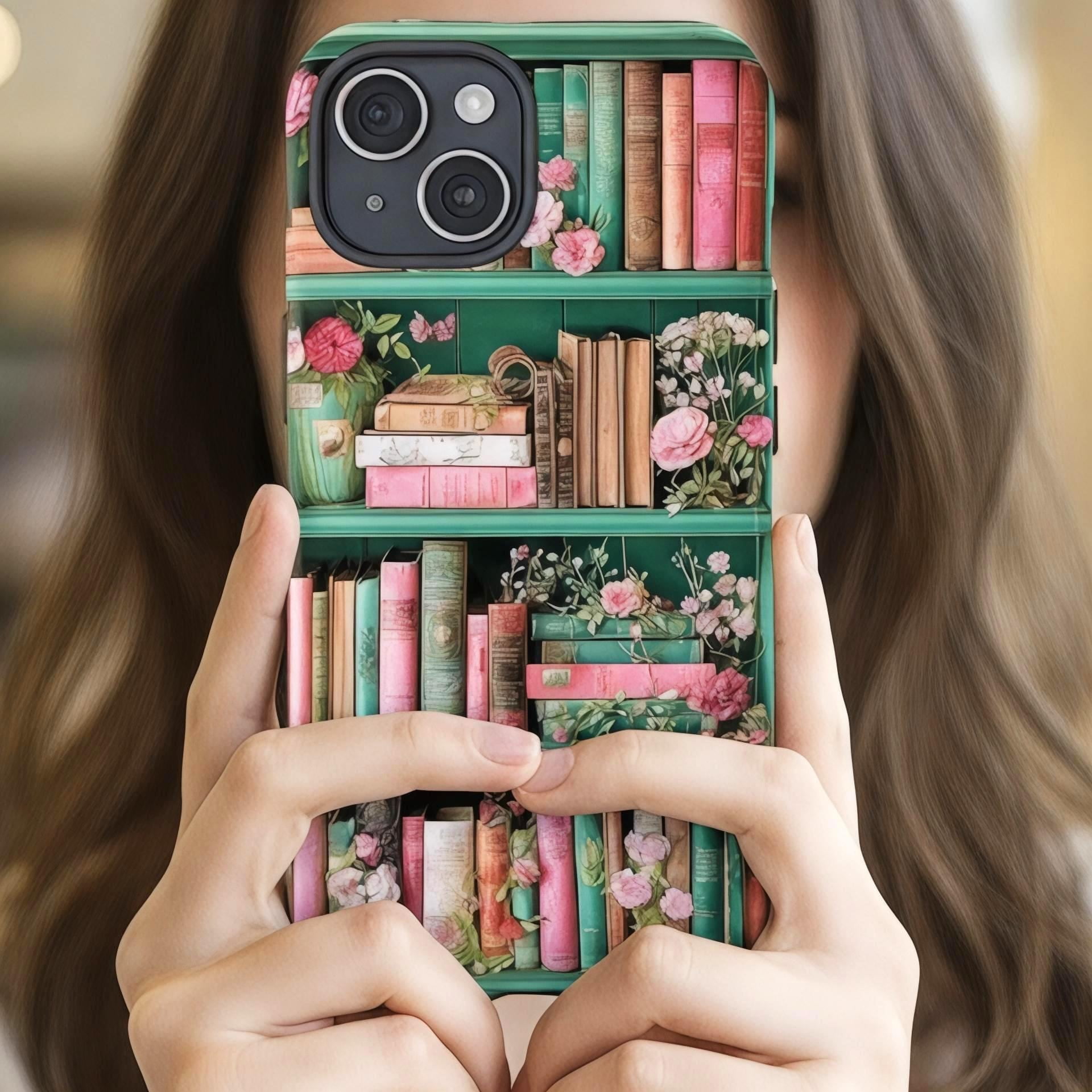 Pink Floral Bookshelf Cottagecore Art Phone Case for iPhone 17 to 11 ...