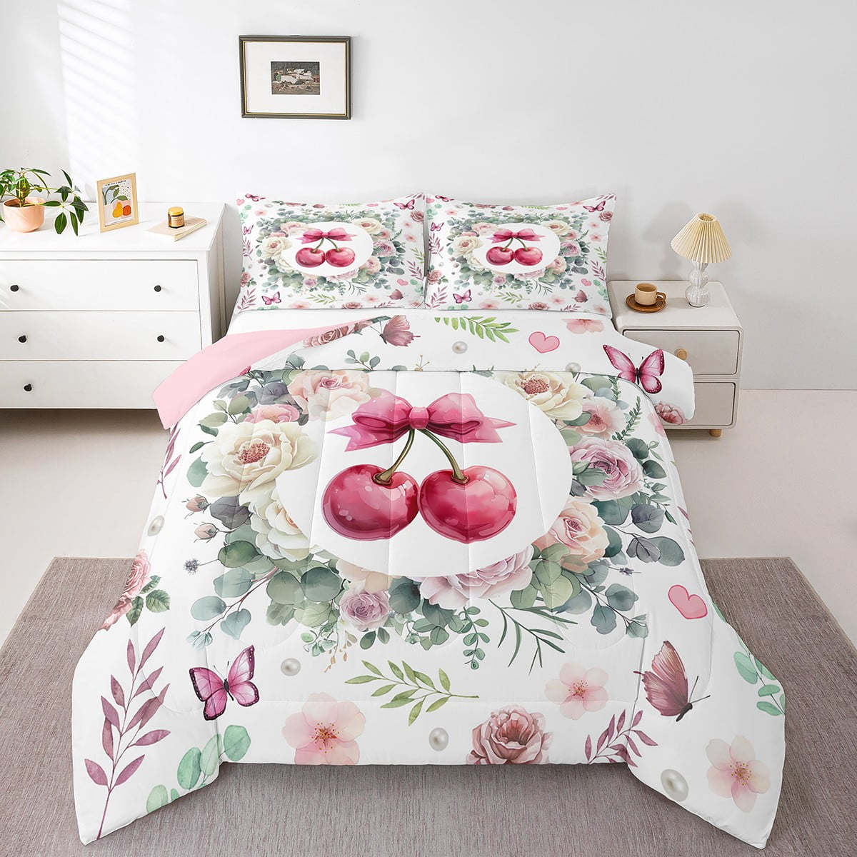 Pink Floral Bow Tie Twin Comforter Set,Kawaii Bowtie Cherry Bedding Set ...