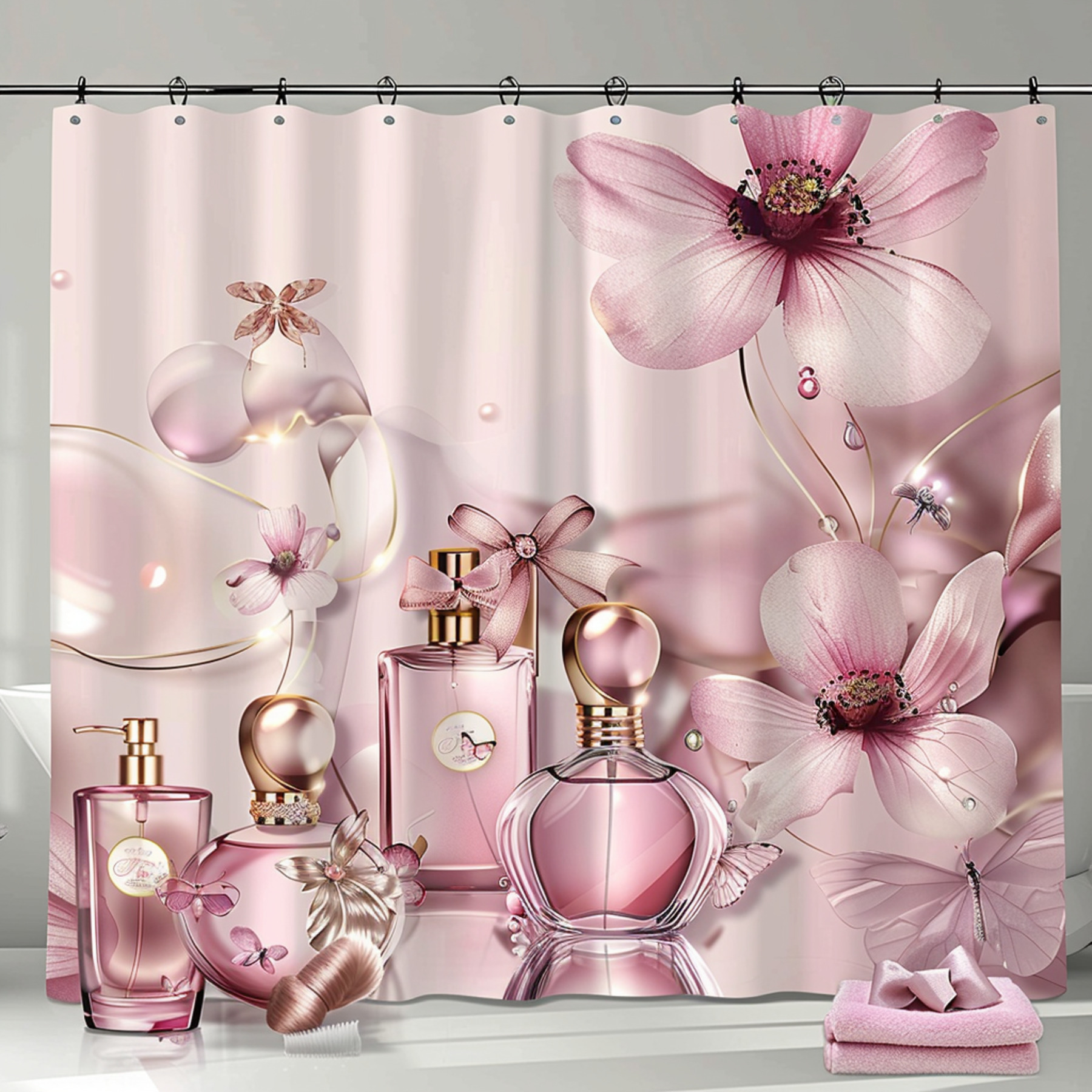 Pink Floral Butterfly Bathroom Set with Perfume Bottles & Curtain Pink ...