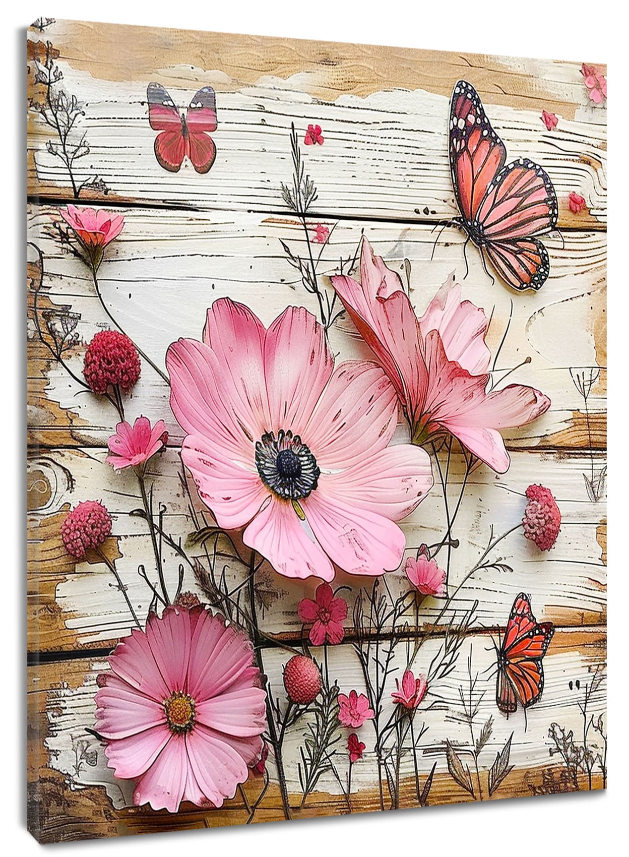 Pink Floral Butterfly Wall Art, Pink Daisy and Butterfly on Rustic Wood ...