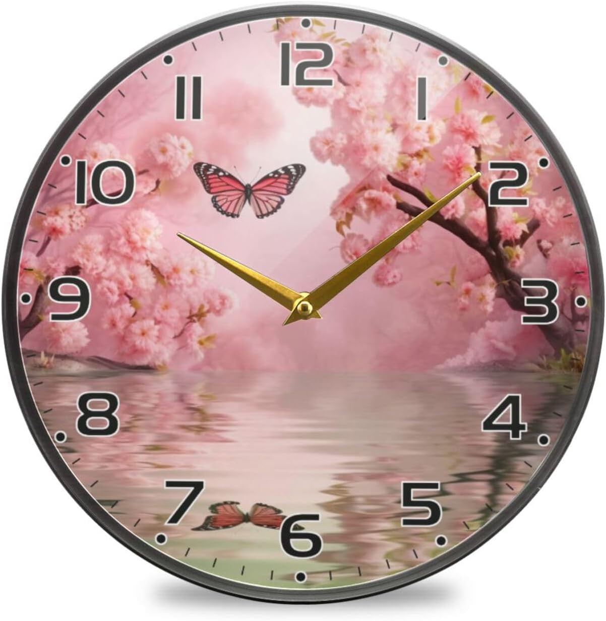 Pink Floral Butterfly Wall Clock Round Silent Non Ticking Battery ...