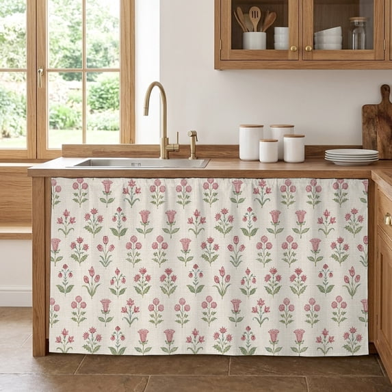 Pink Floral Cabinet Curtains 28" W x 51" L, Vintage Country Pastoral ...