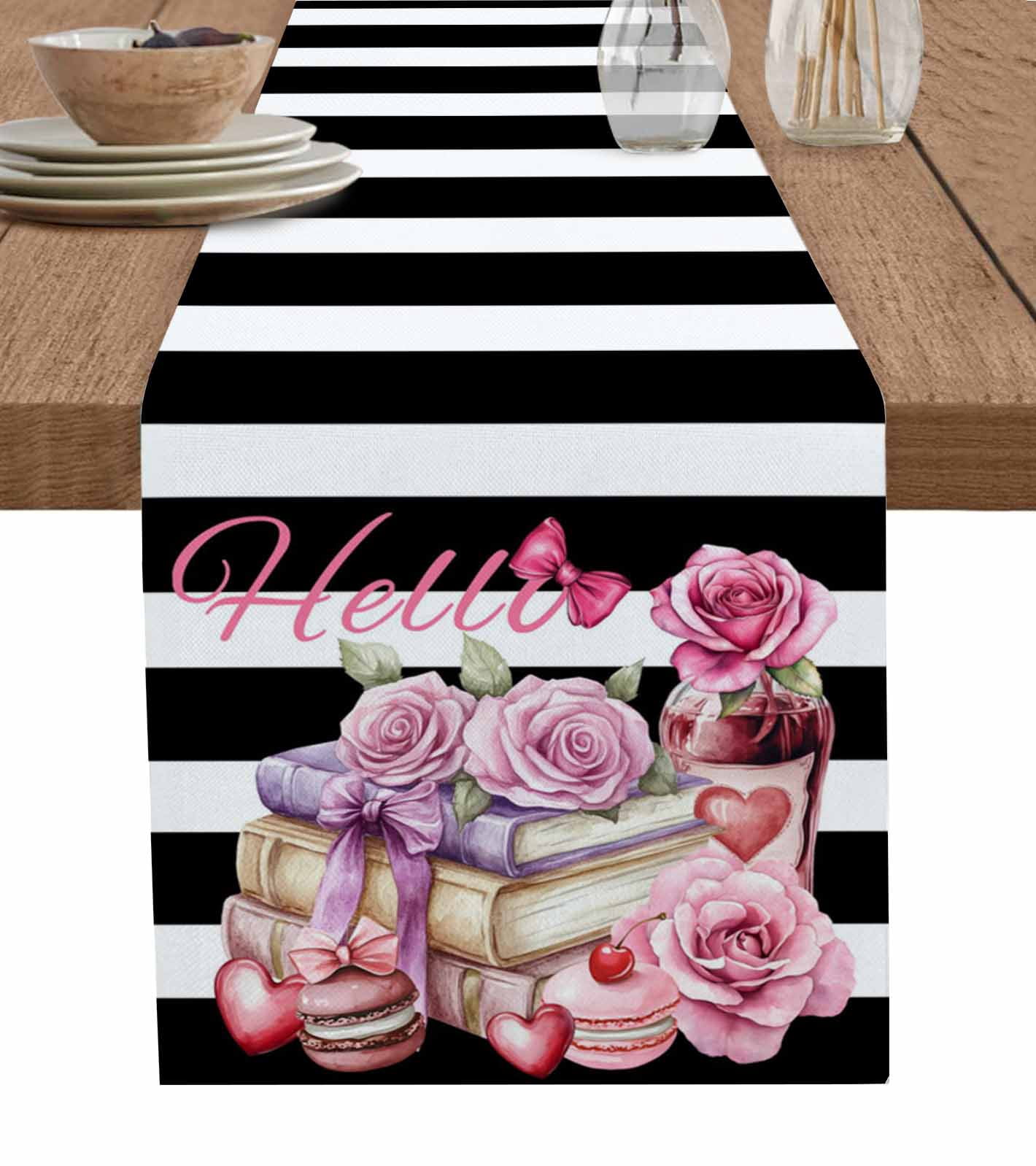 Pink Floral Cake Table Runner 108 Inches, Books Vintage Black Striped ...