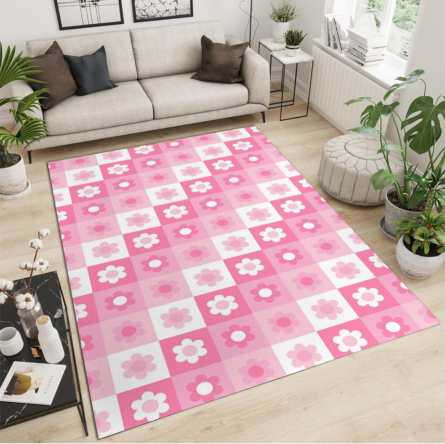 Pink Floral Checkered Area Rug, Vintage Minimalist Door Mat, Floor Rugs ...