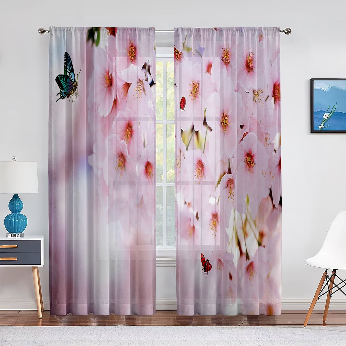 Pink Floral Cherry Blossom Butterfly Tulle Curtains for Bedroom Modern ...