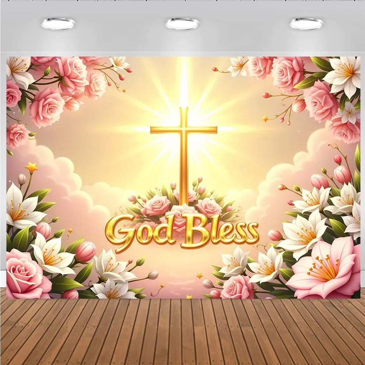 Pink Floral Christening Photography Background God Bless Baptism Party ...