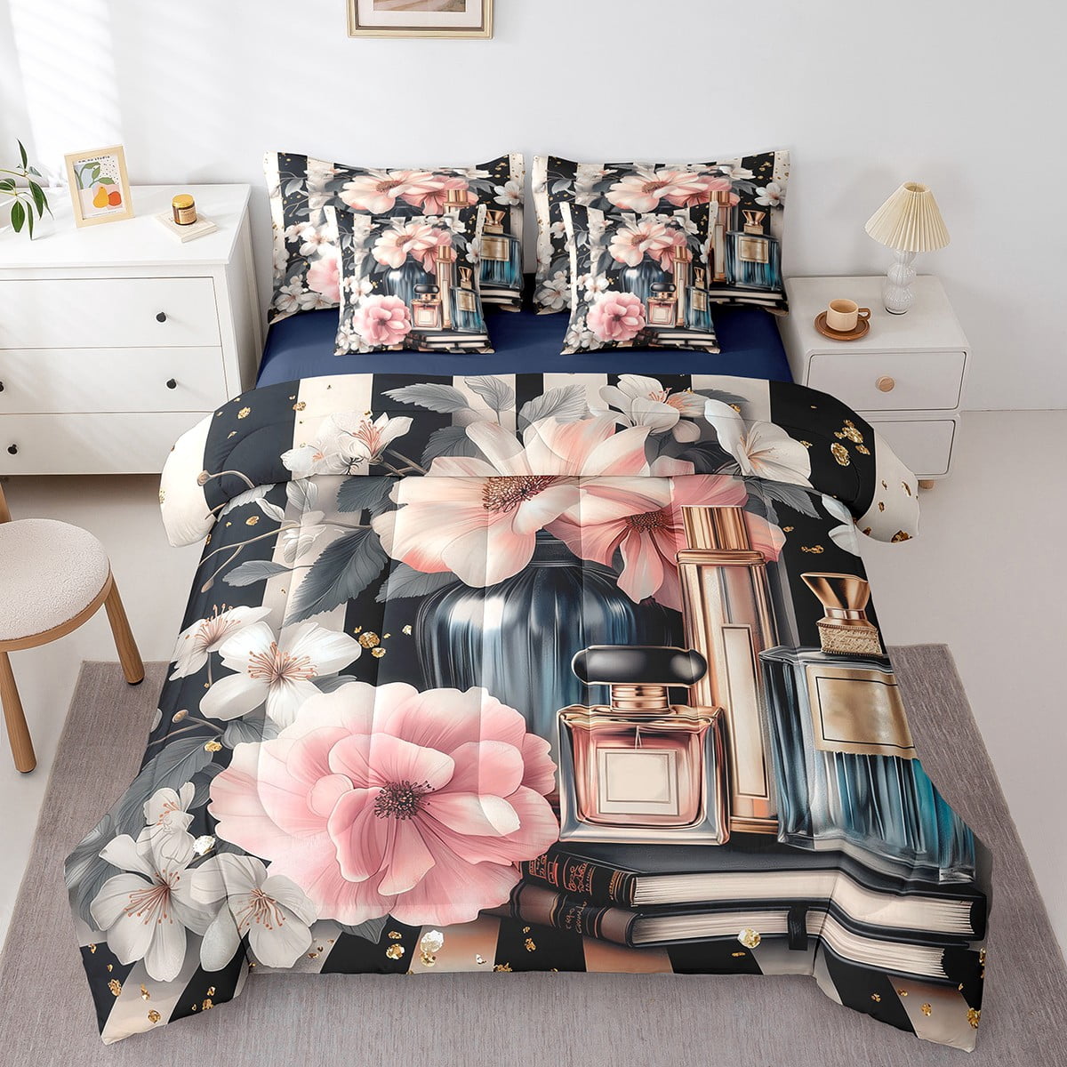 Pink Floral Comforter Set 7 Piece Full Size Modern Fashion Bed In A Bag ...