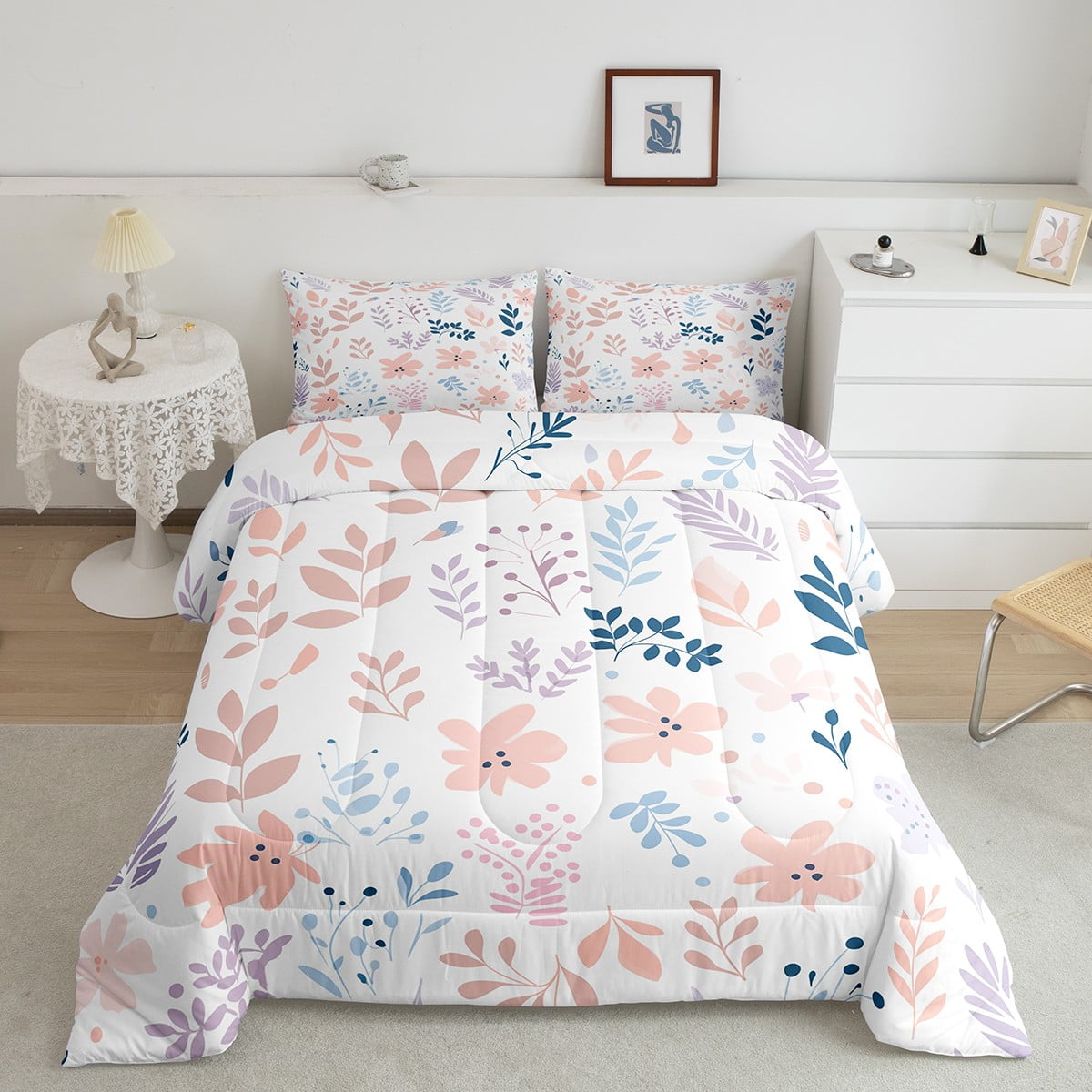 Pink Floral Comforter Set Nature Garden Flowers Bedding Cute Botanical ...