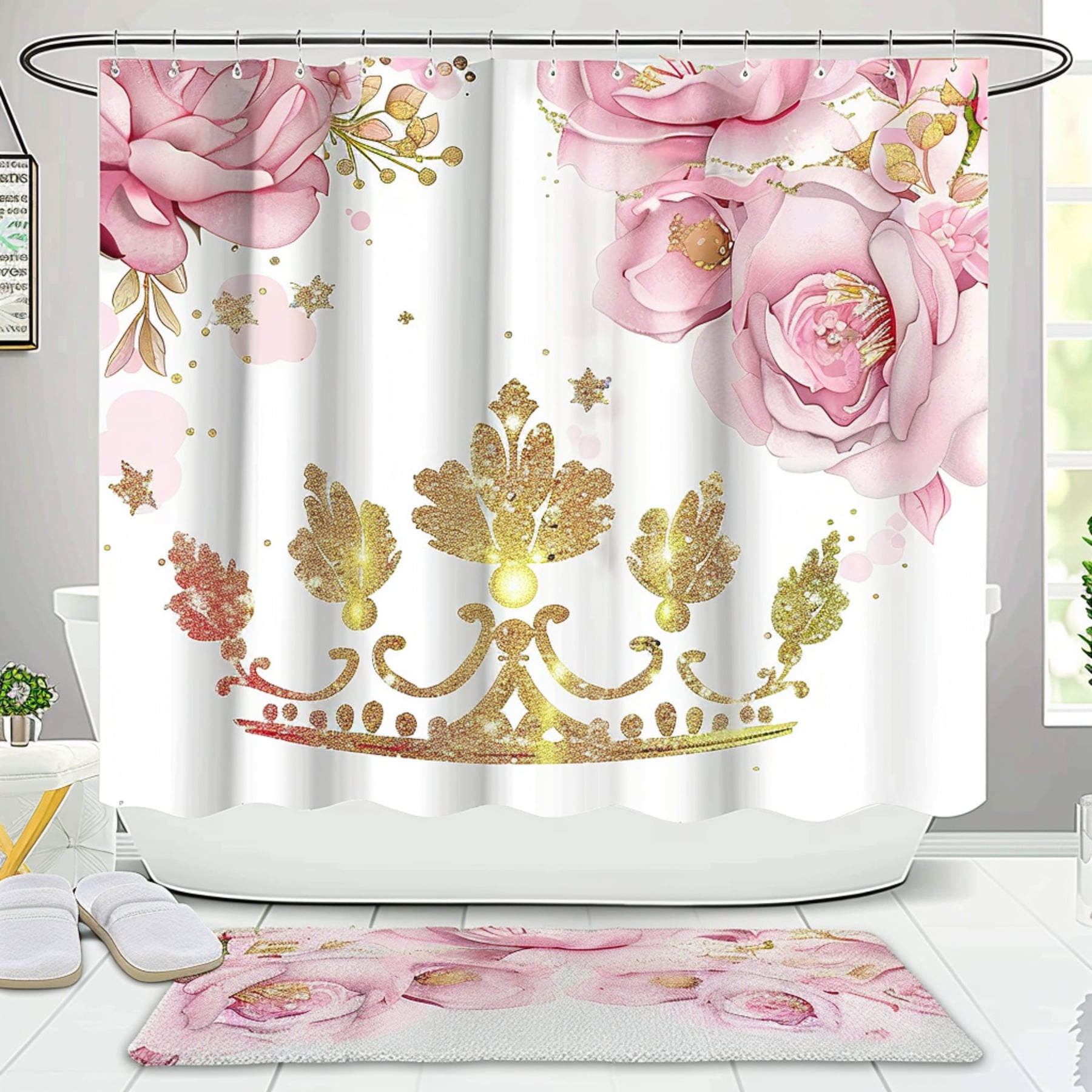 Pink Floral Crown And Gold Glitter Shower Curtain Set With White