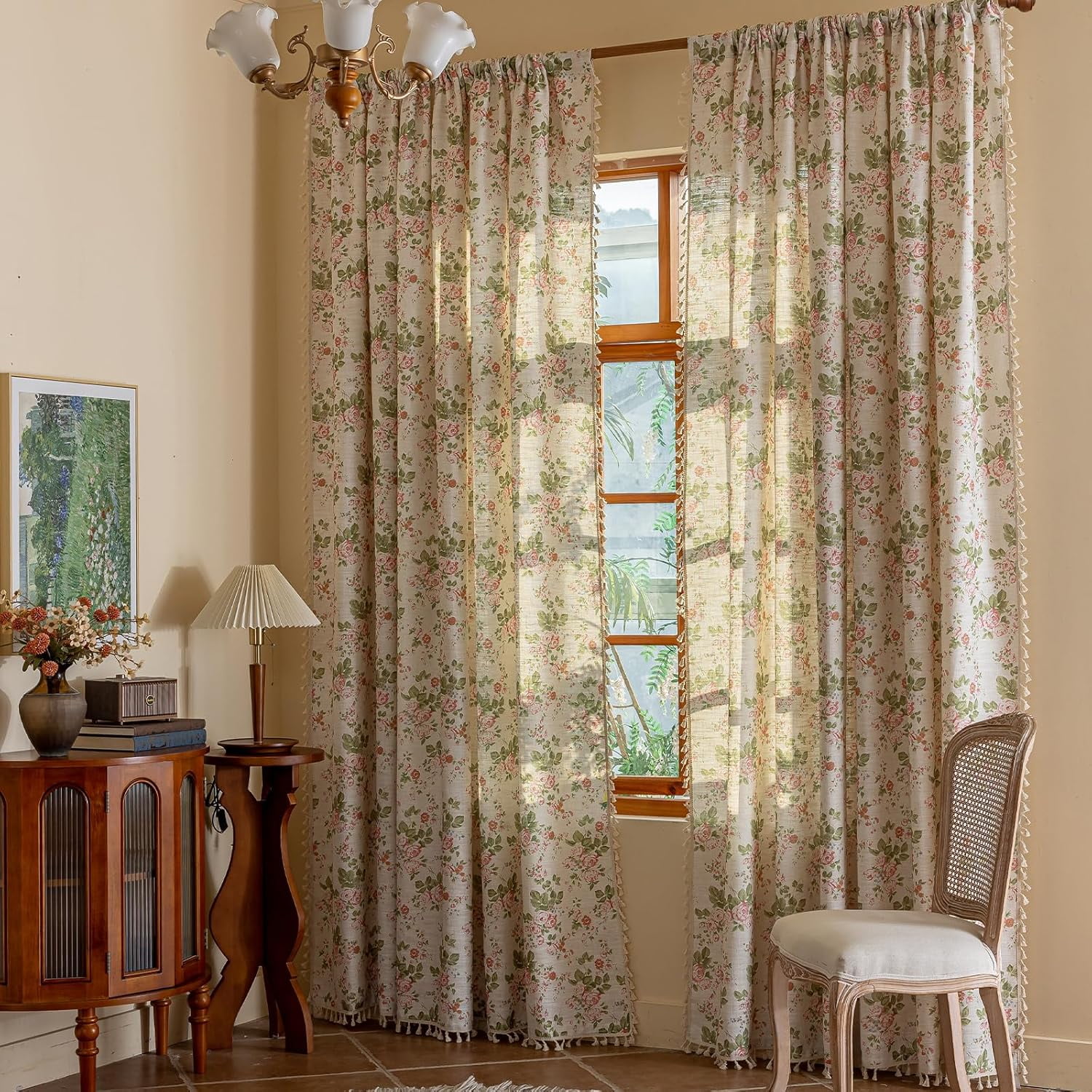 Pink Floral Curtains 96 Inch Long Bedroom Semi Sheer Drapes Living Room ...