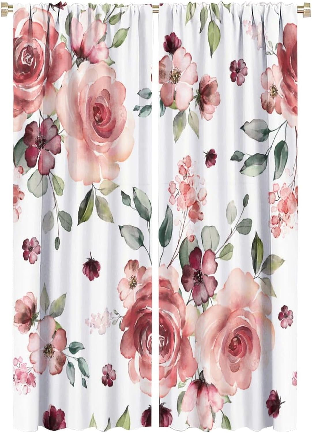 Pink Floral Curtains Rustic Watercolor Flower Leaves Natural Pattern ...