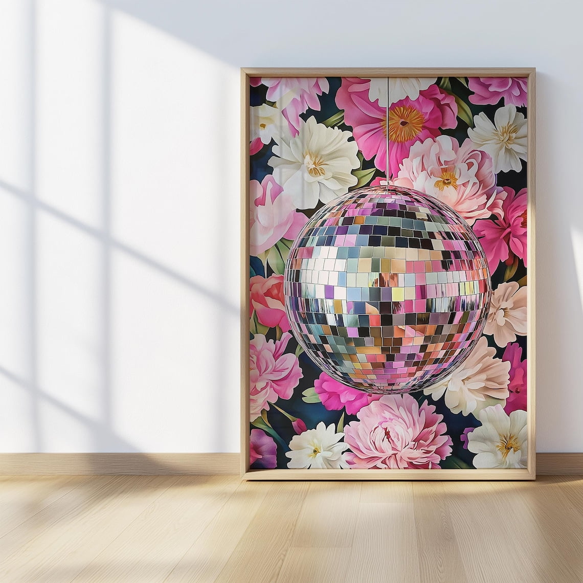 Pink Floral Disco Ball Print, Maximalist Peony Mirror Ball Wall Art ...