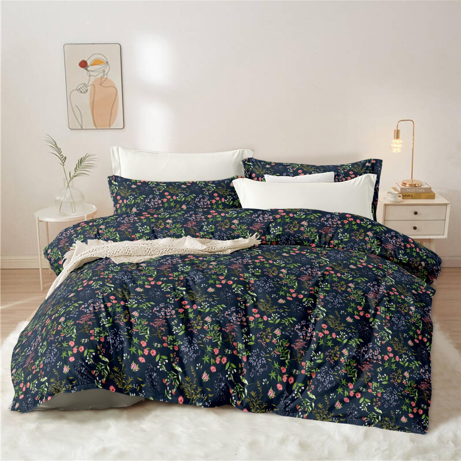 Pink Floral Duvet Cover Set Navy Blue Botanical Floral Leaf Pattern ...
