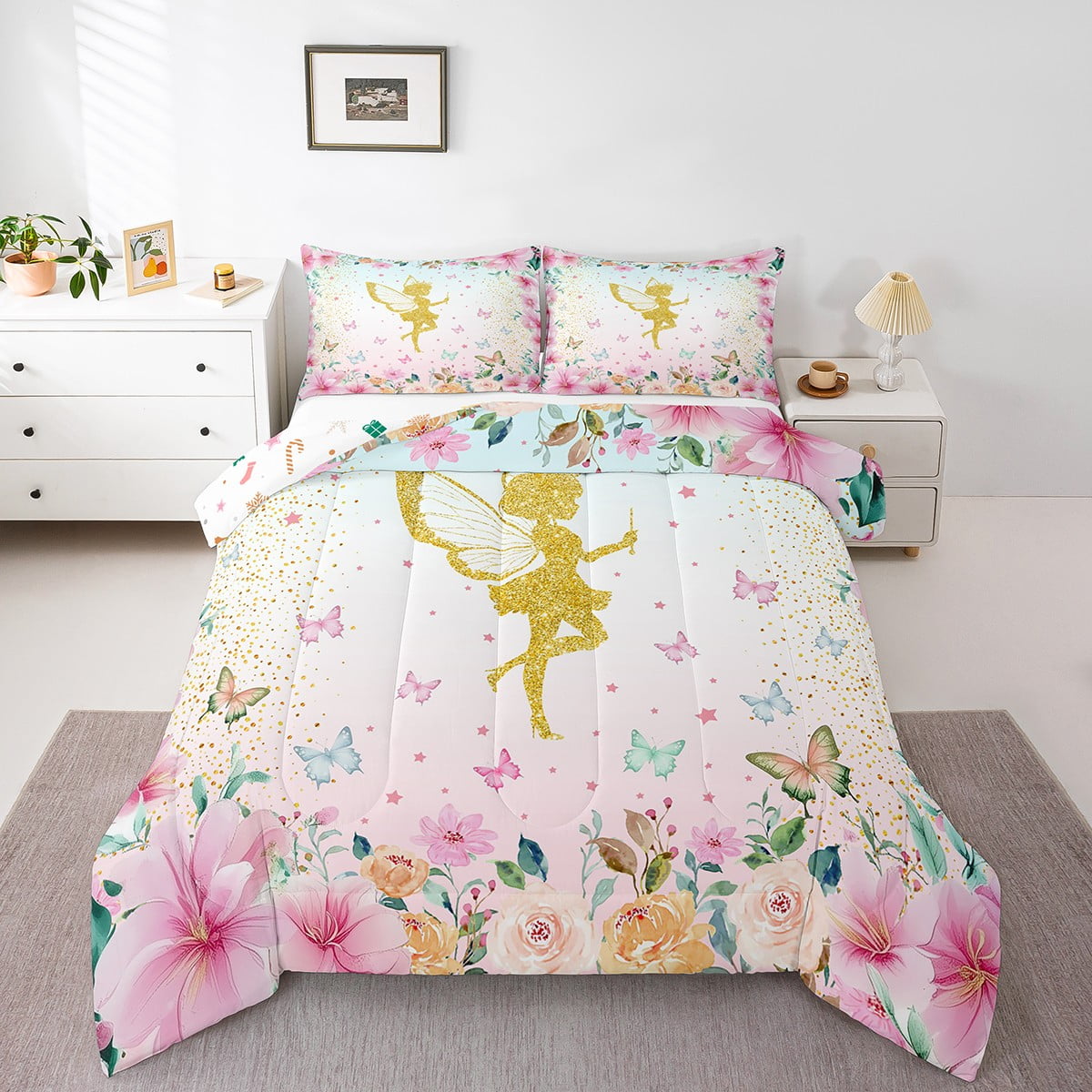 Pink Floral Fairy Bedding Set Full Size,Butterfly Fairy Comforter Set ...