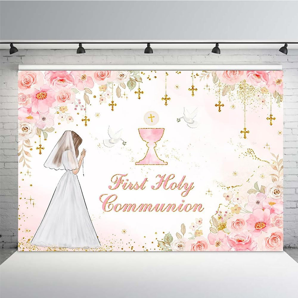 Pink Floral First Holy Communion Backdrop for Girl Mi Primera Comunión Photography Background ...