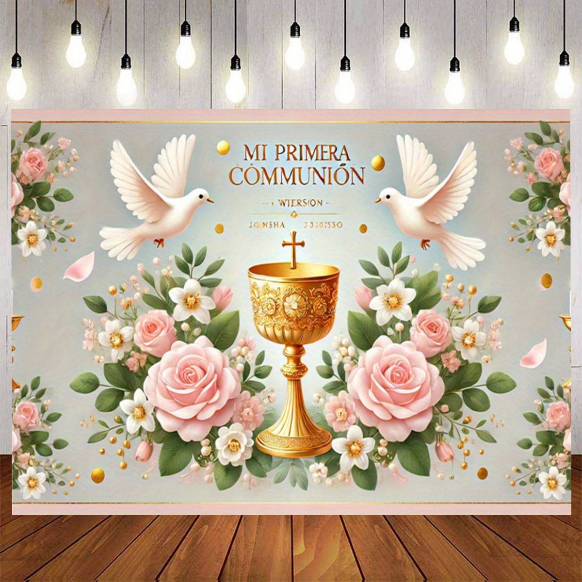 Pink Floral First Holy Communion Backdrop Golden Chalice Dove Girl ...
