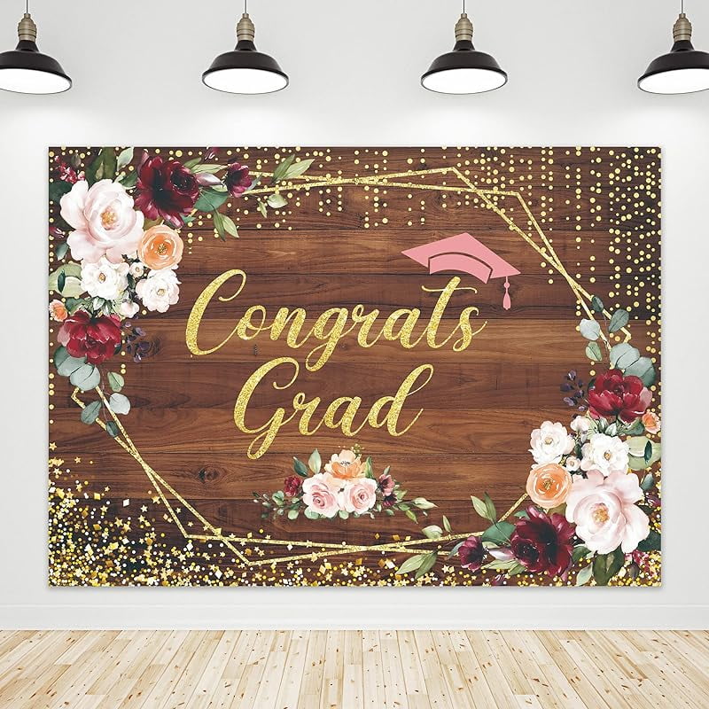 Pink Floral Graduation Backdrop Congrats Grad Flower Wooden Board ...