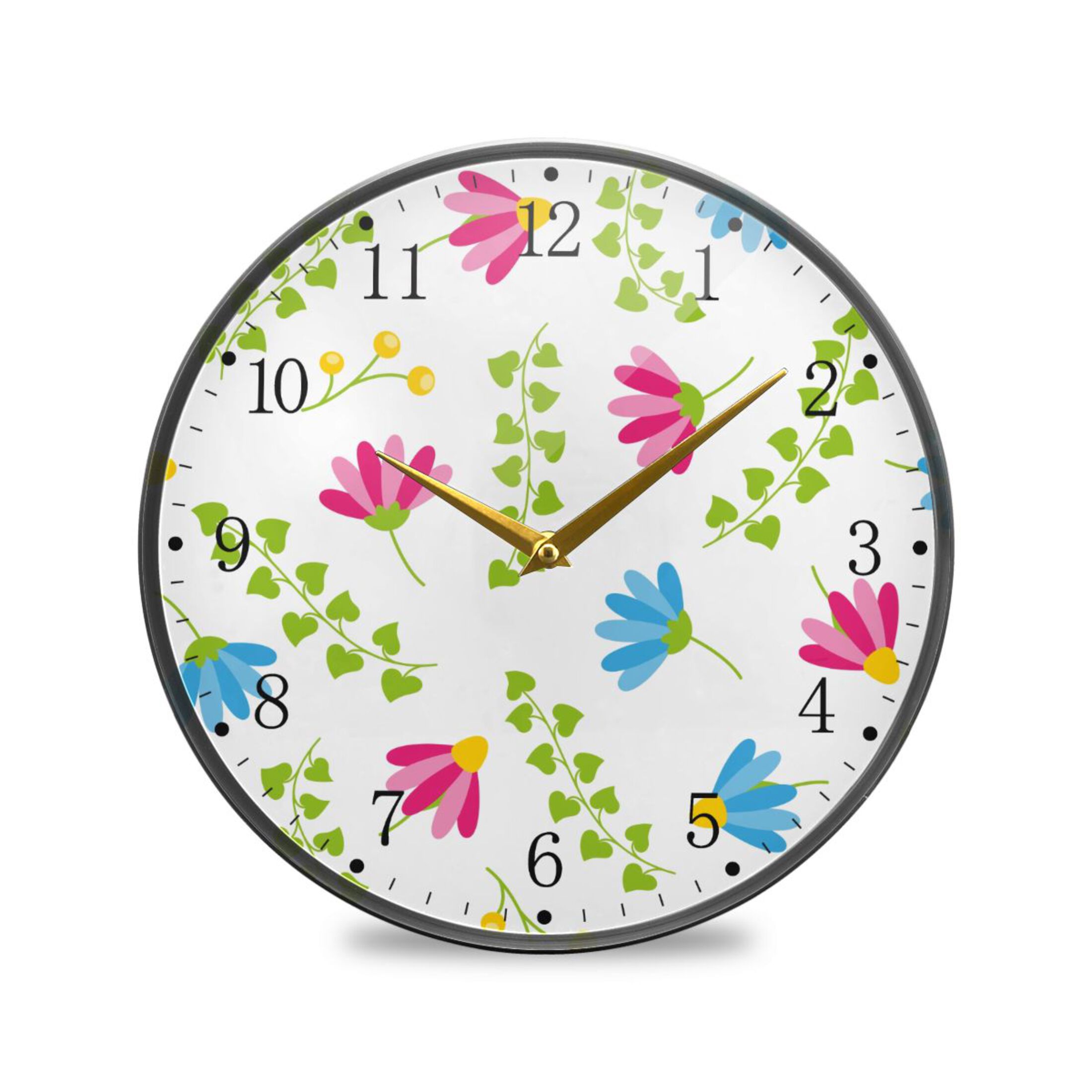 Pink Floral Green Leaves Acrylic Wall Clocks Quiet Round Clock Battery ...