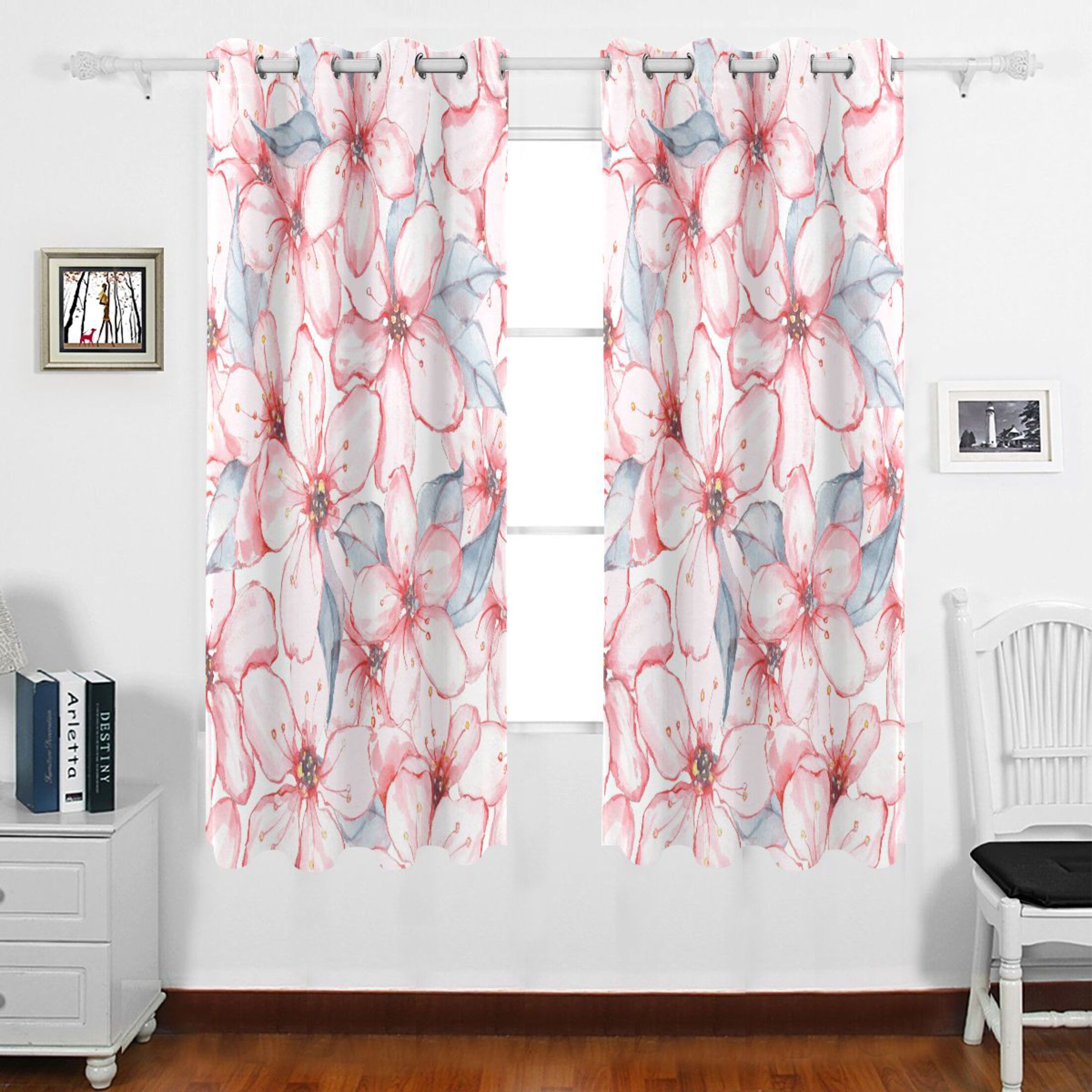 Pink Floral Grommet Blackout Curtains Thermal Insulated Window Curtain Sets for Bedroom Living ...