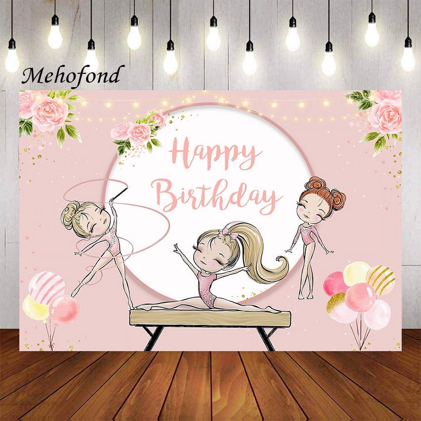 Pink Floral Gymnastics Girl Gymnasts Flip Tumble Play Birthday Party r ...