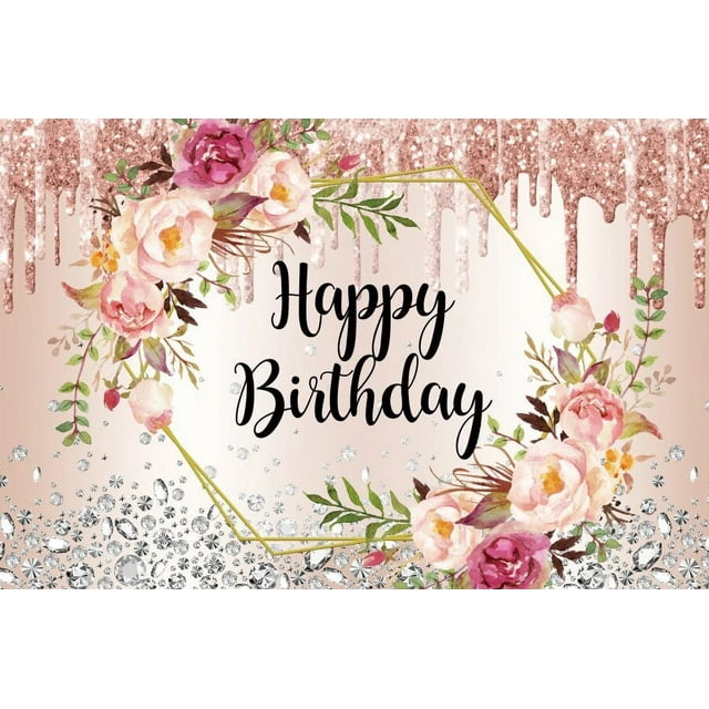 Pink Floral Happy Birthday Backdrop Rose Gold Glitter Dot Diamond Women