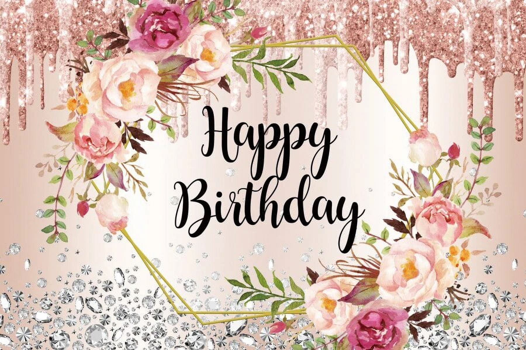 Pink Floral Happy Birthday Backdrop Rose Gold Glitter DotWomen Girls ...