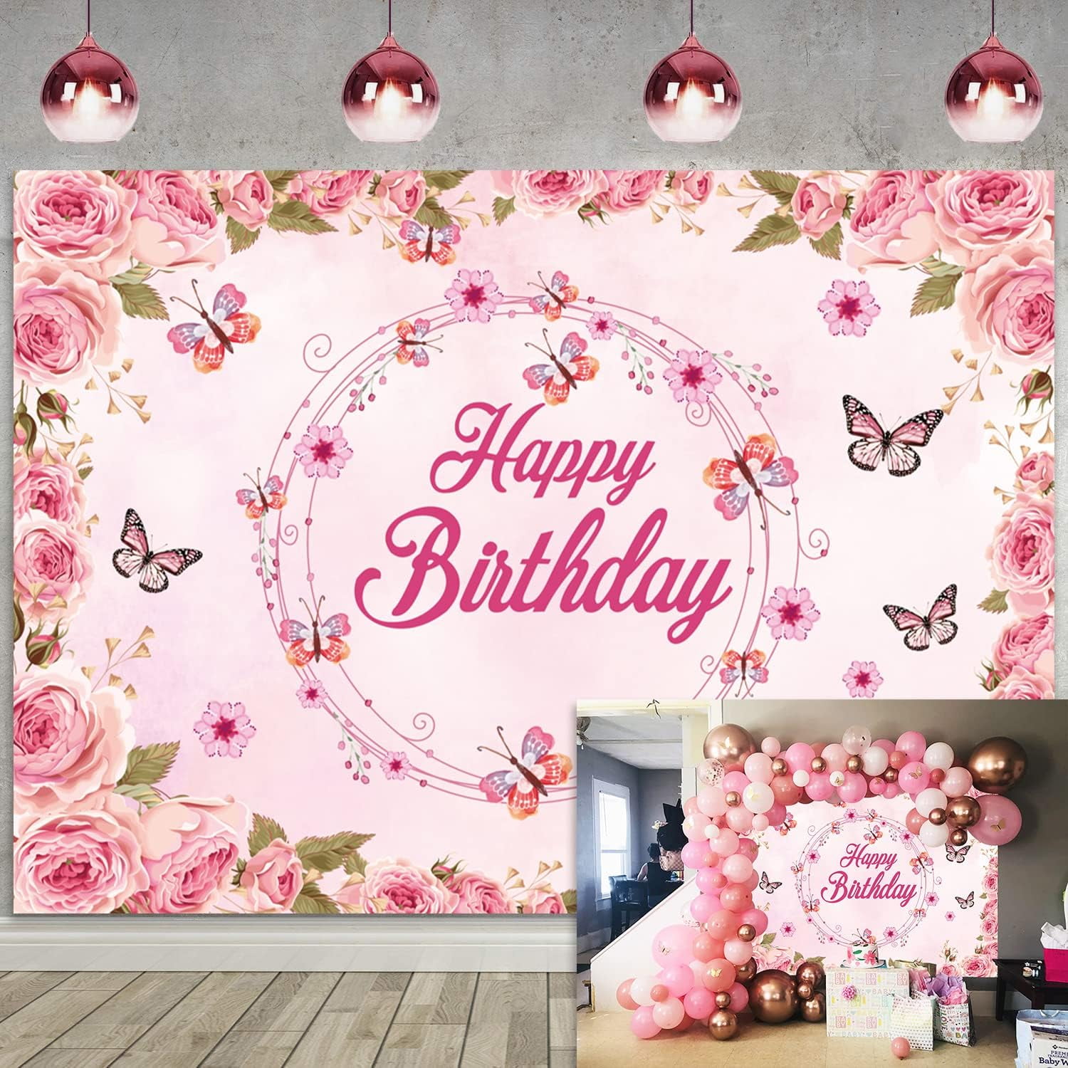 Pink Floral Happy Birthday Backdrop Watercolor Flowers Butterfly Photography Background for ...
