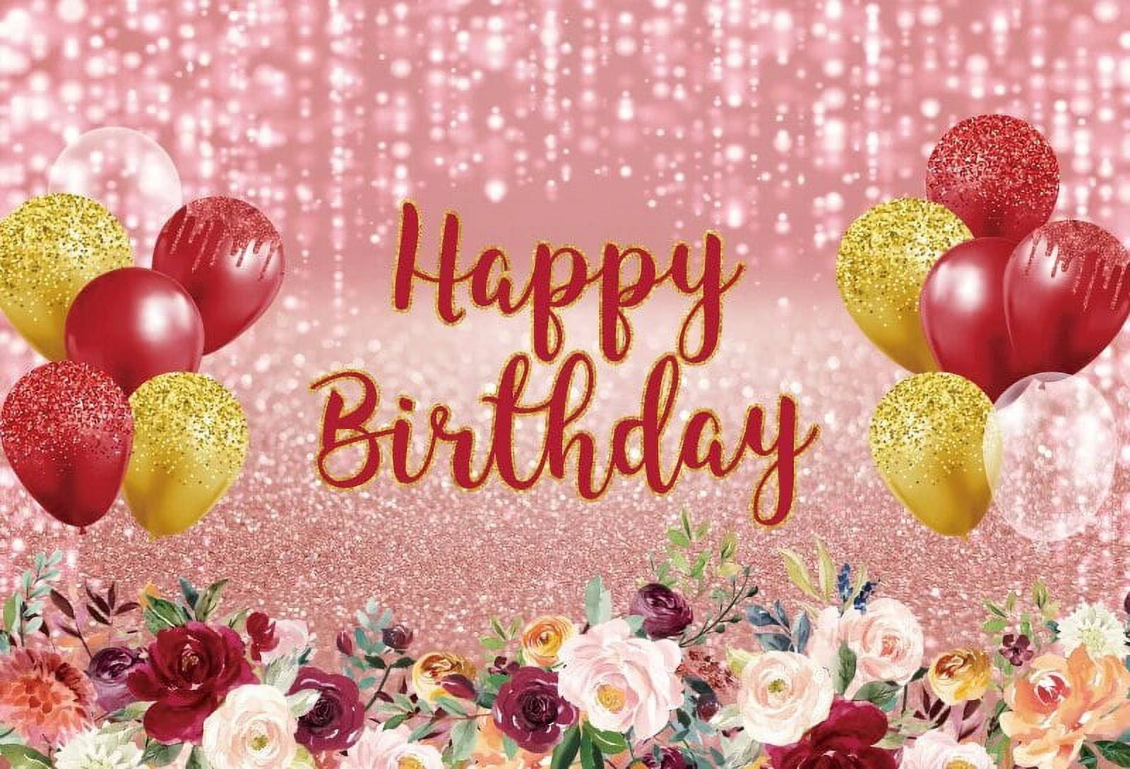 Pink Floral Happy Birthday Backdrop Watercolor Flowers Glitter Balloons ...