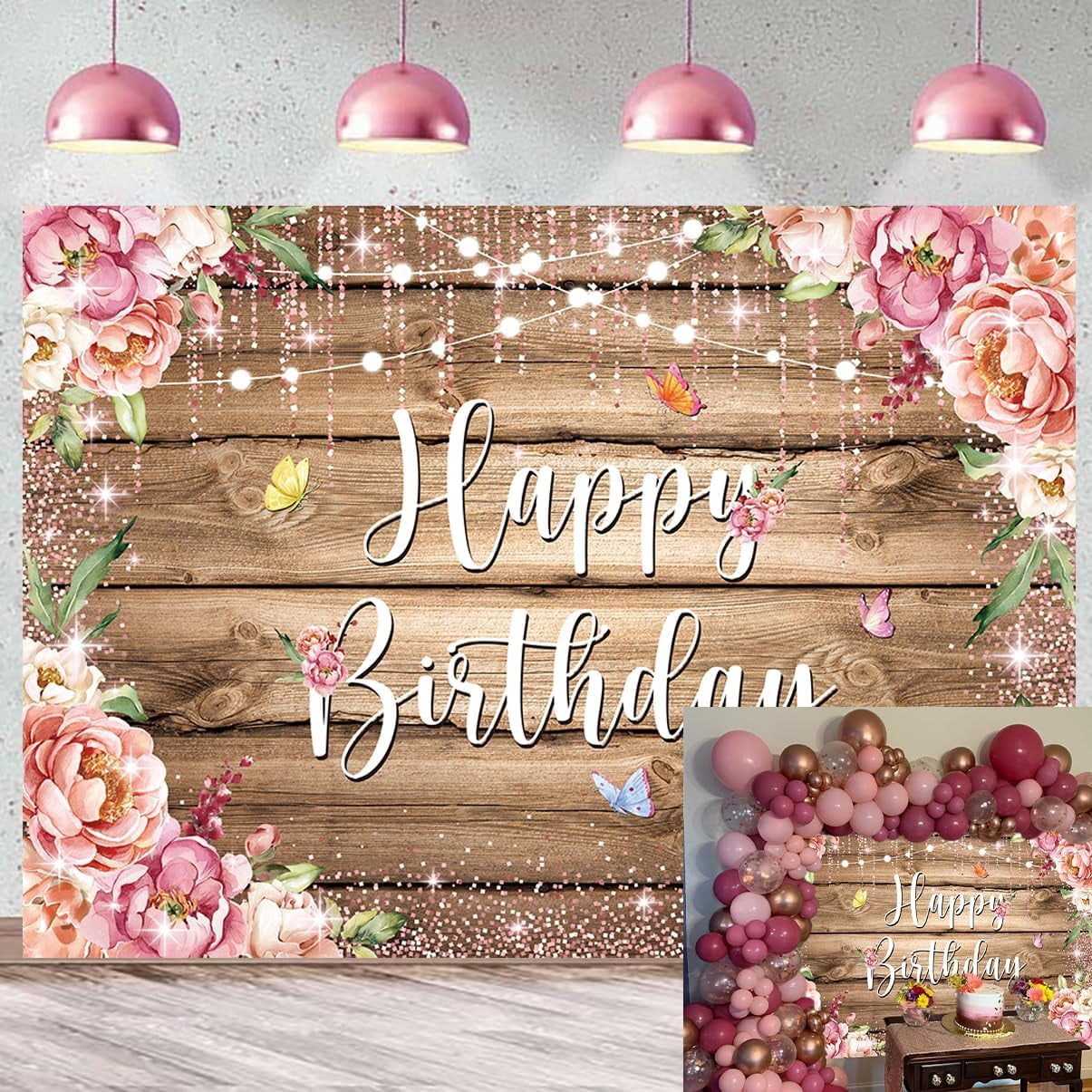 Pink Floral Happy Birthday Backdrop Wood Flower Butterfly Romantic ...