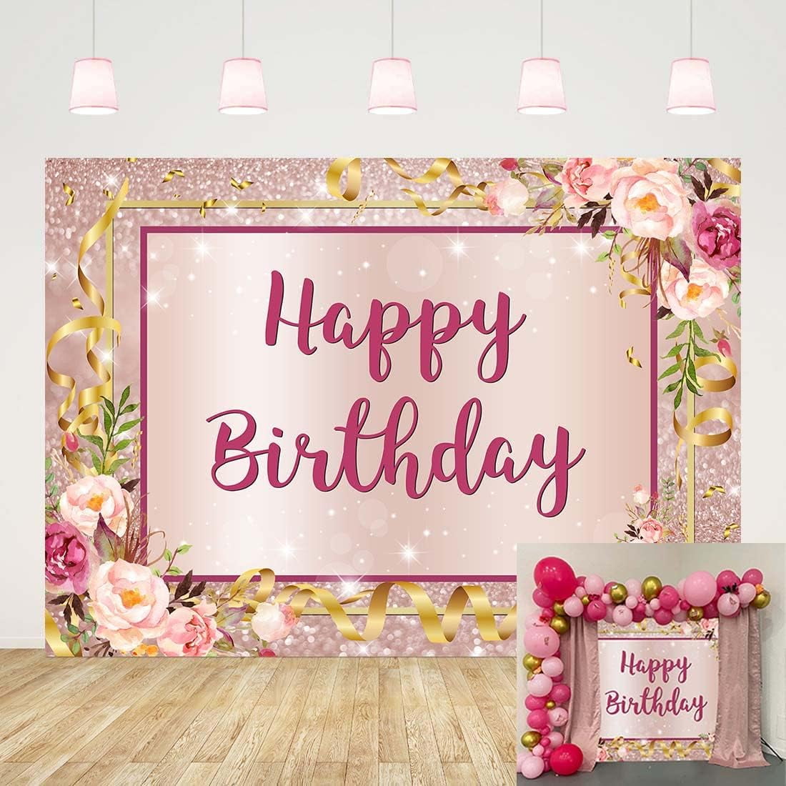Pink Floral Happy Birthday Photography Backdrop Banner Rose Gold ...