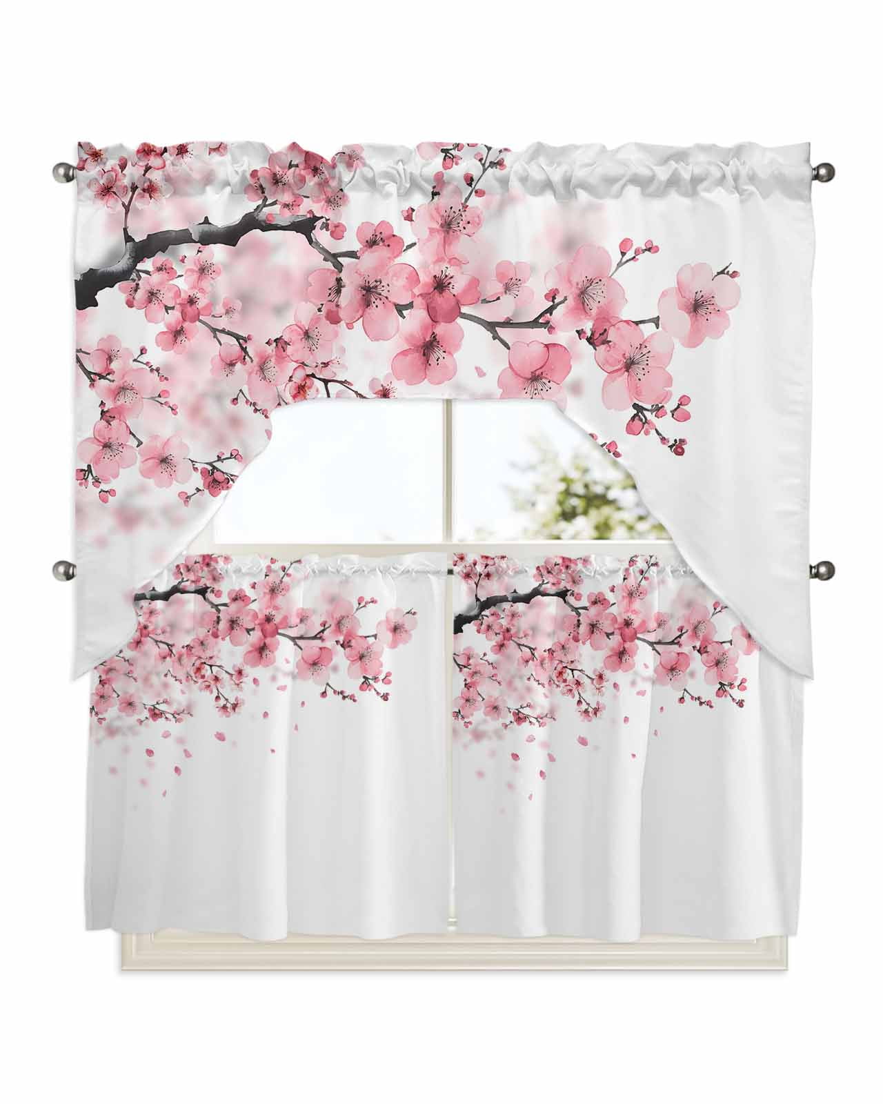 Pink Floral Kitchen Curtains Swag Valance and Tier Curtains Set 24 Inch Length, Modern Cherry ...