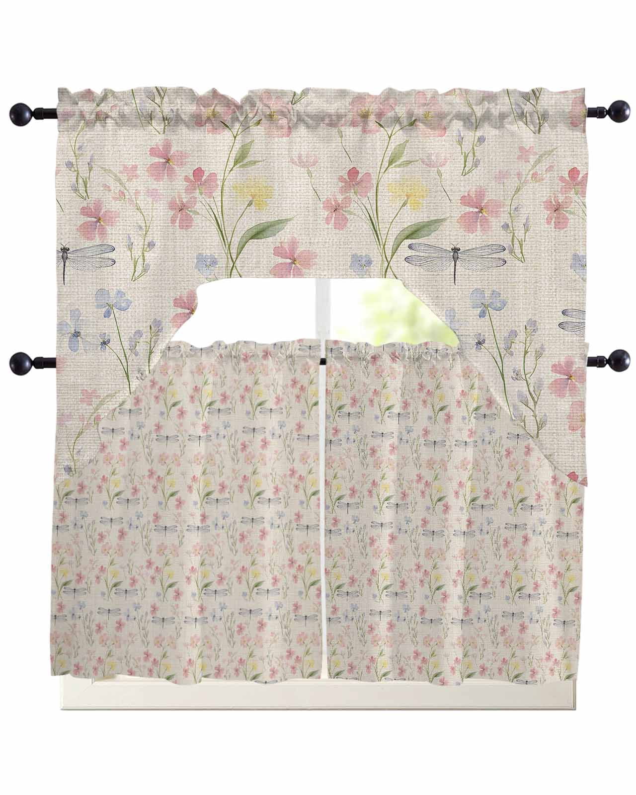 Pink Floral Kitchen Curtains Swag Valance and Tier Curtains Set 36 Inch ...
