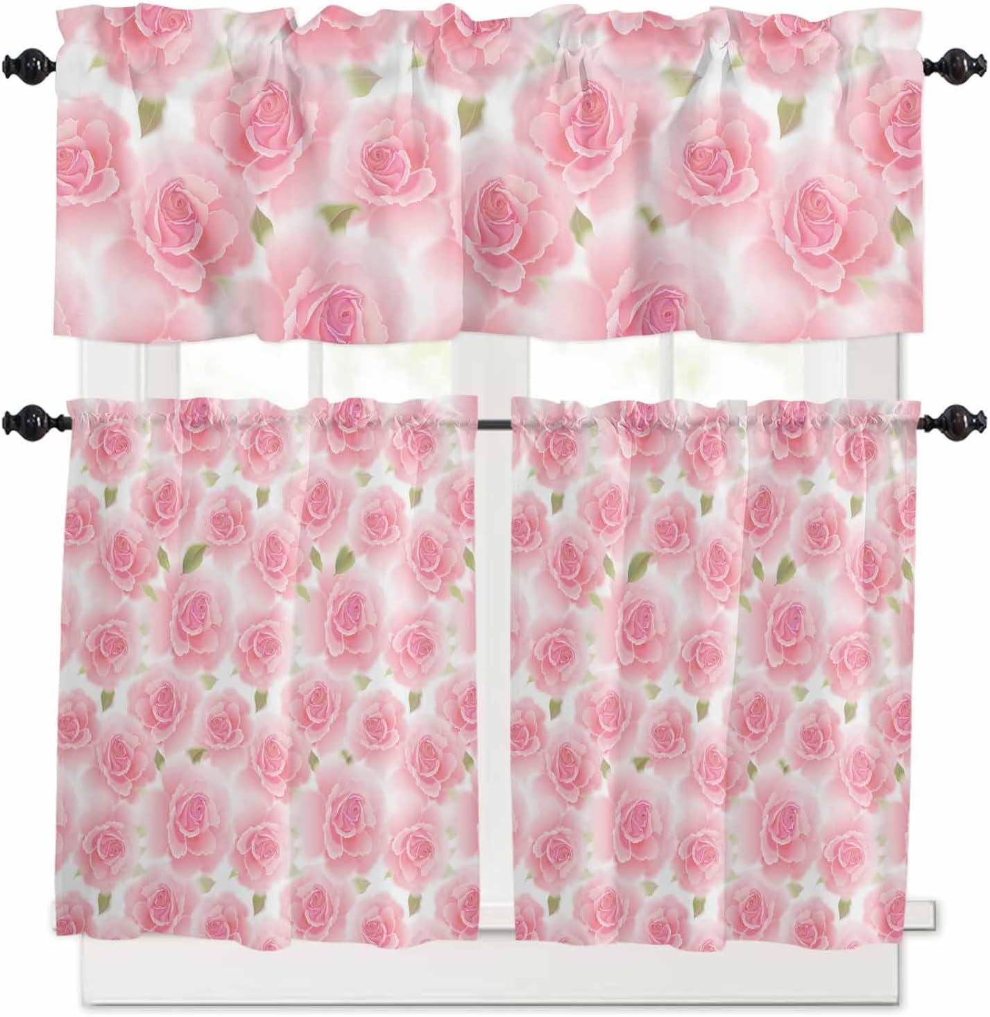 Pink Floral Kitchen Curtains and Valances Set, Rod Pocket Curtains Tier ...