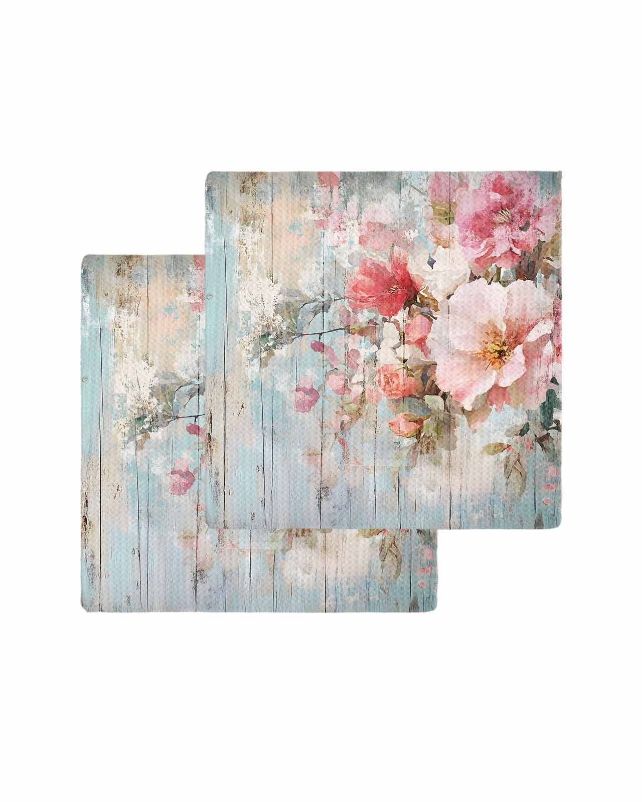 Pink Floral Kitchen Dish Towels for Drying Dishes Set of 2, Pastoral Flower Garden Vintage ...