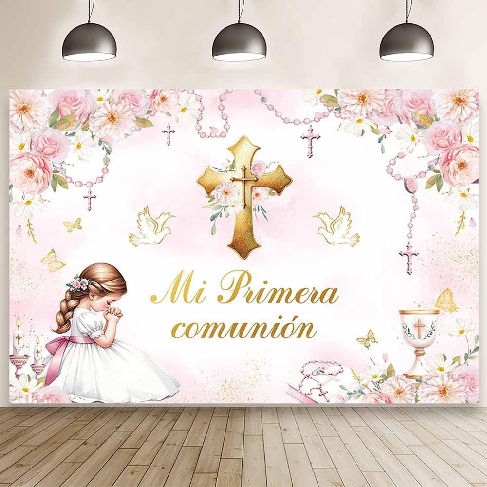 Pink Floral Mi Primera Comunión Backdrop with Girl Spring Flowers First ...