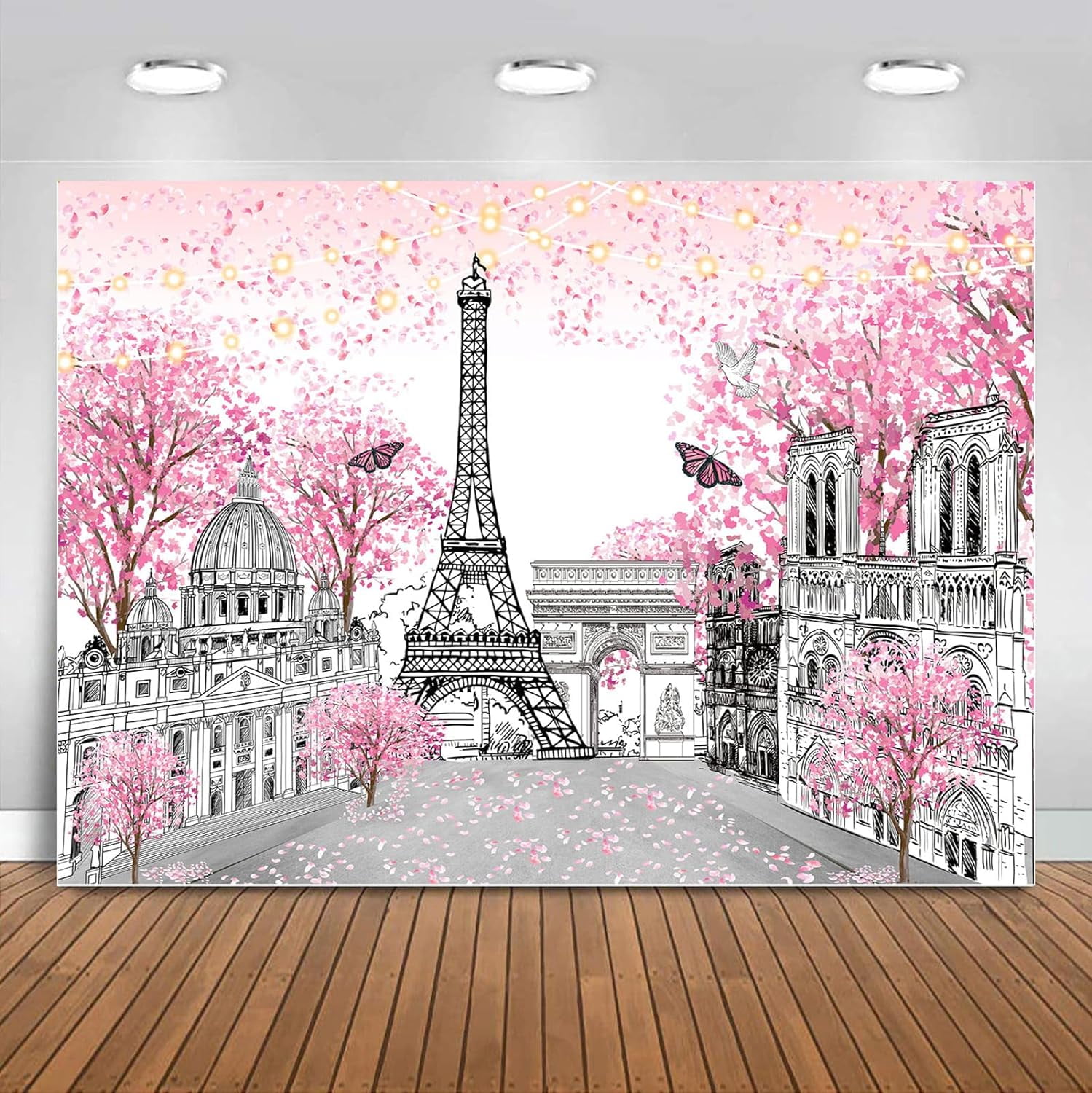 Pink Floral Paris Backdrop Paris Party Decorations Cherry Blossoms ...