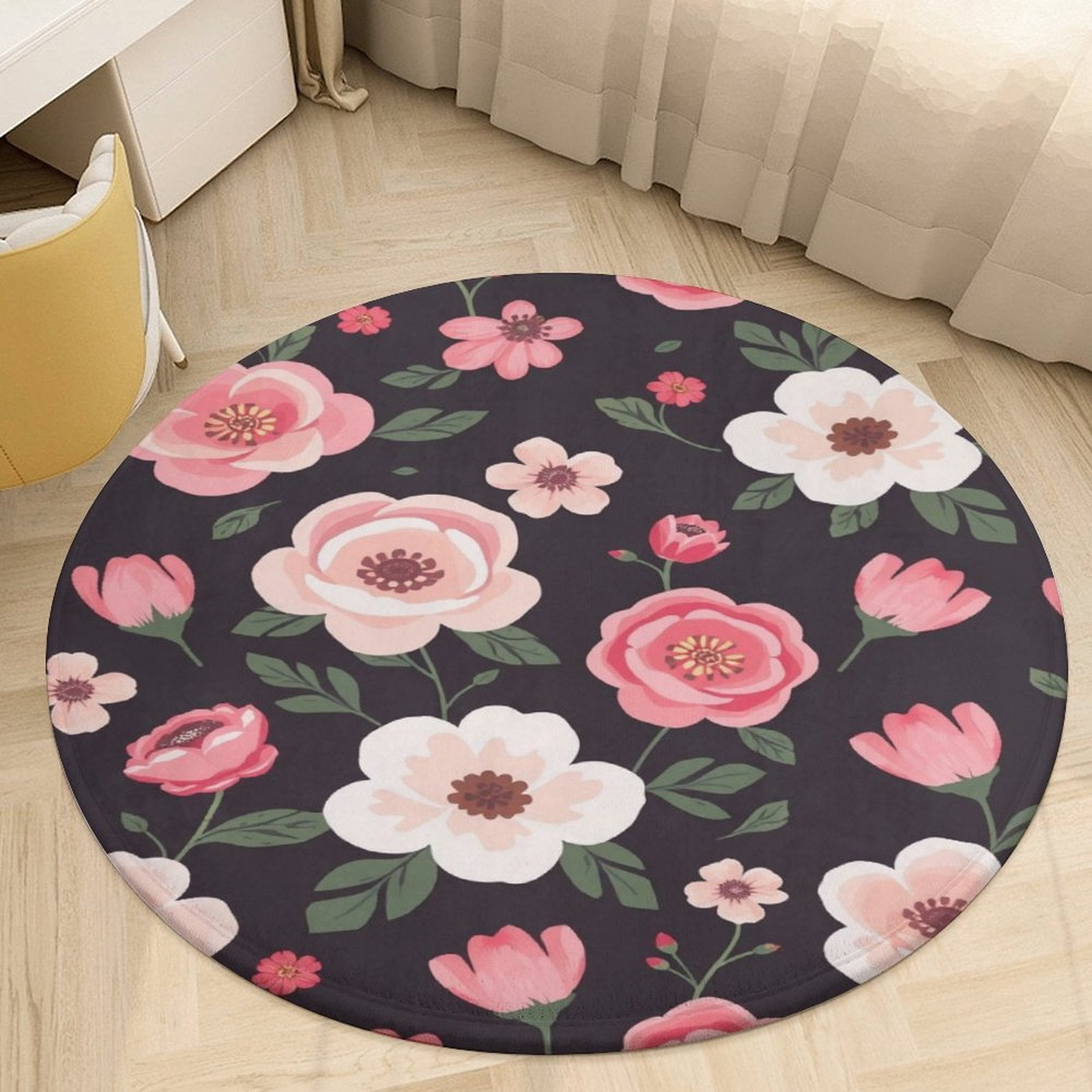 Pink Floral Pattern Area Rug Round Carpet Rug for Living Room Bedroom ...