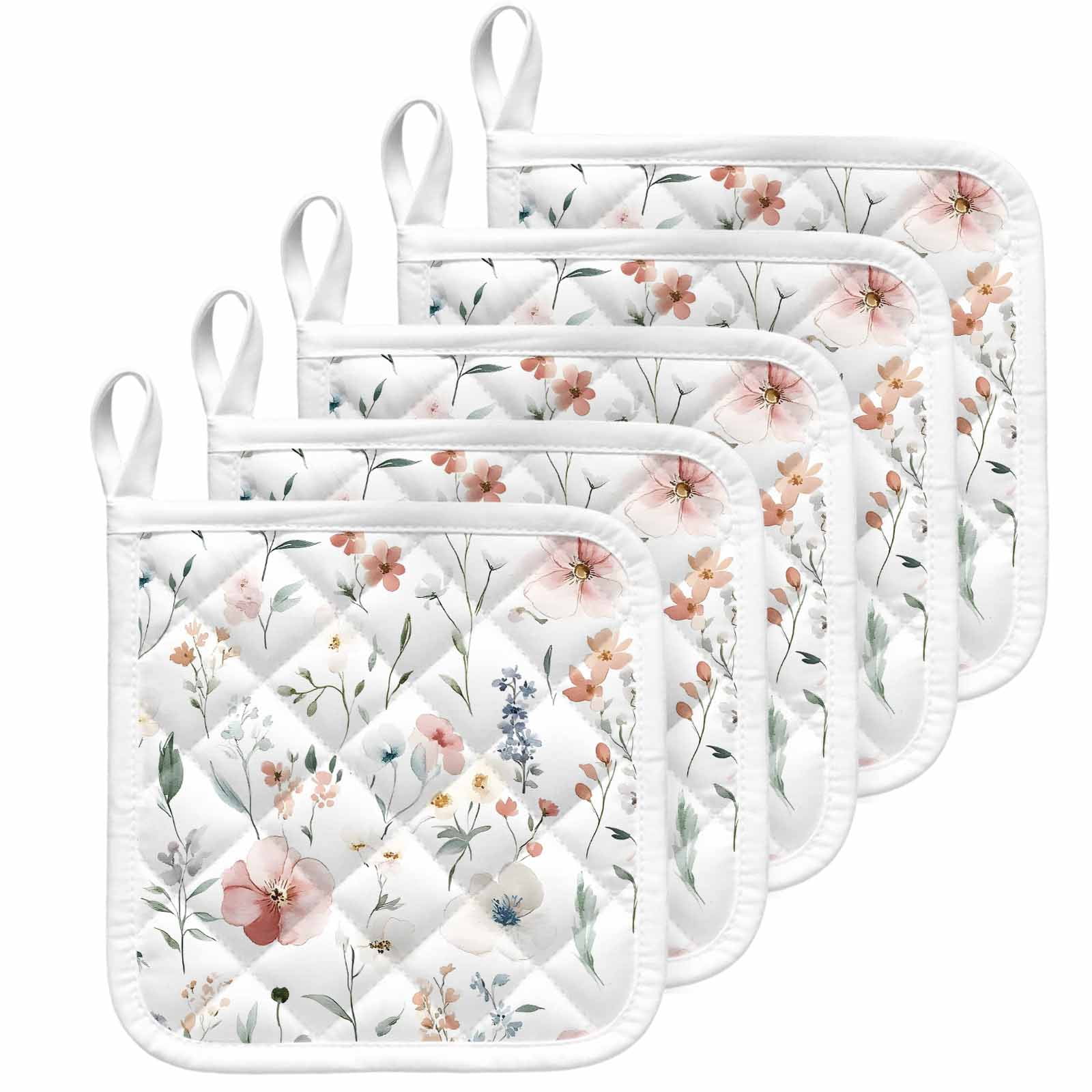 Pink Floral Pot Holders for Kitchen Heatproof Potholder, 5 Pack ...