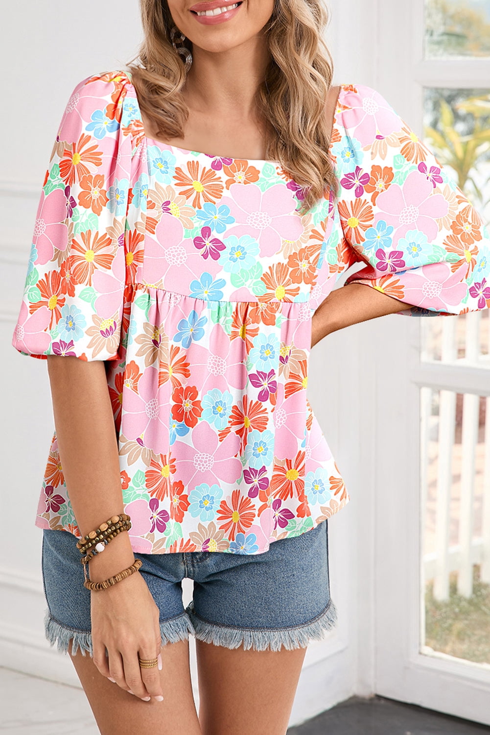 Pink Floral Puff Sleeve Square Neck Babydoll Blouse - Walmart.com