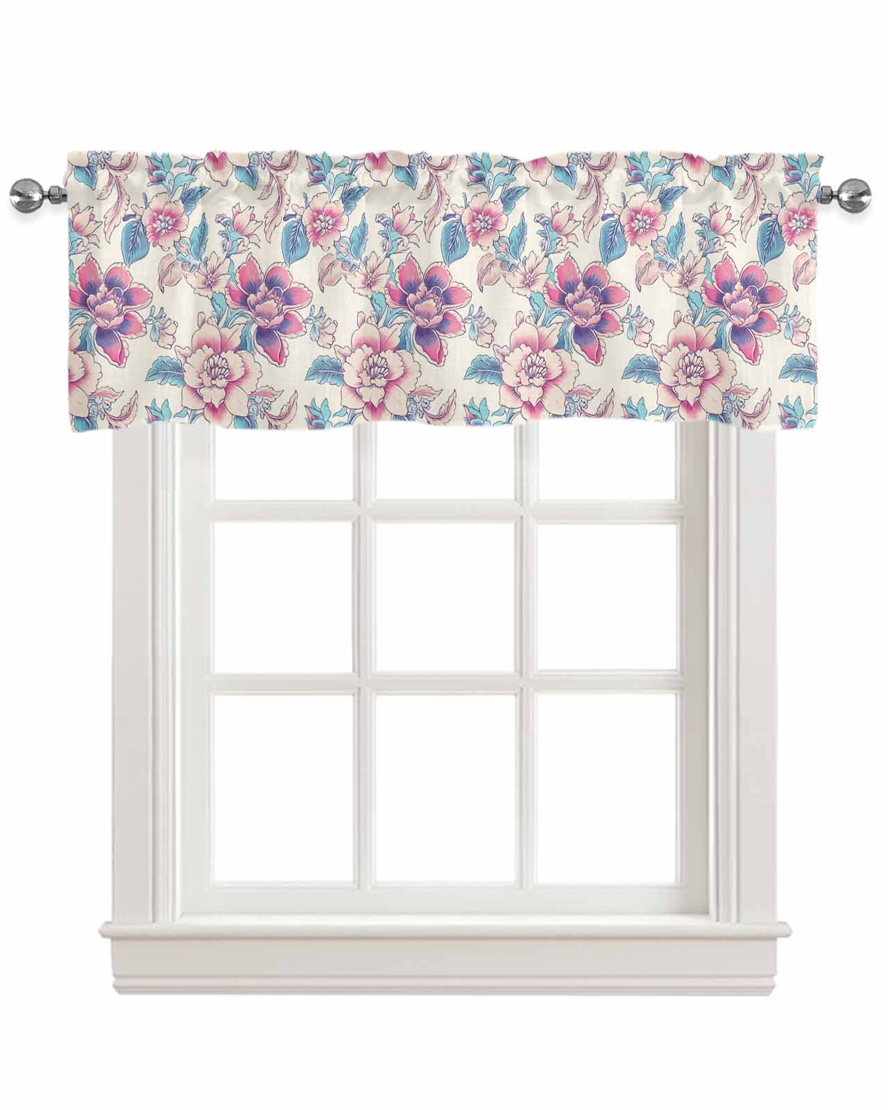 Pink Floral Retro Kitchen Valances for Windows Farmhouse Linen Window ...