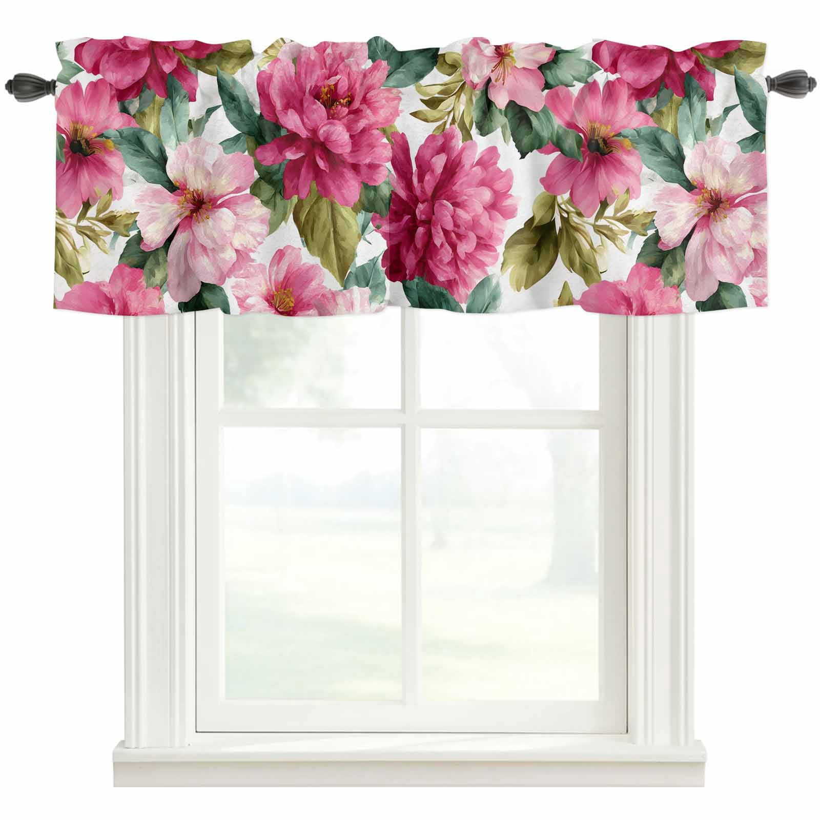 Pink Floral Rod Pocket Curtain Valance, Watercolor Flowers Leaves ...