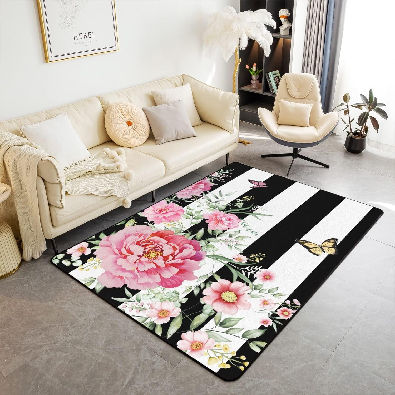 Pink Floral Rug, Black and White Stripes Area Rug 3x5, Teens Pink and ...
