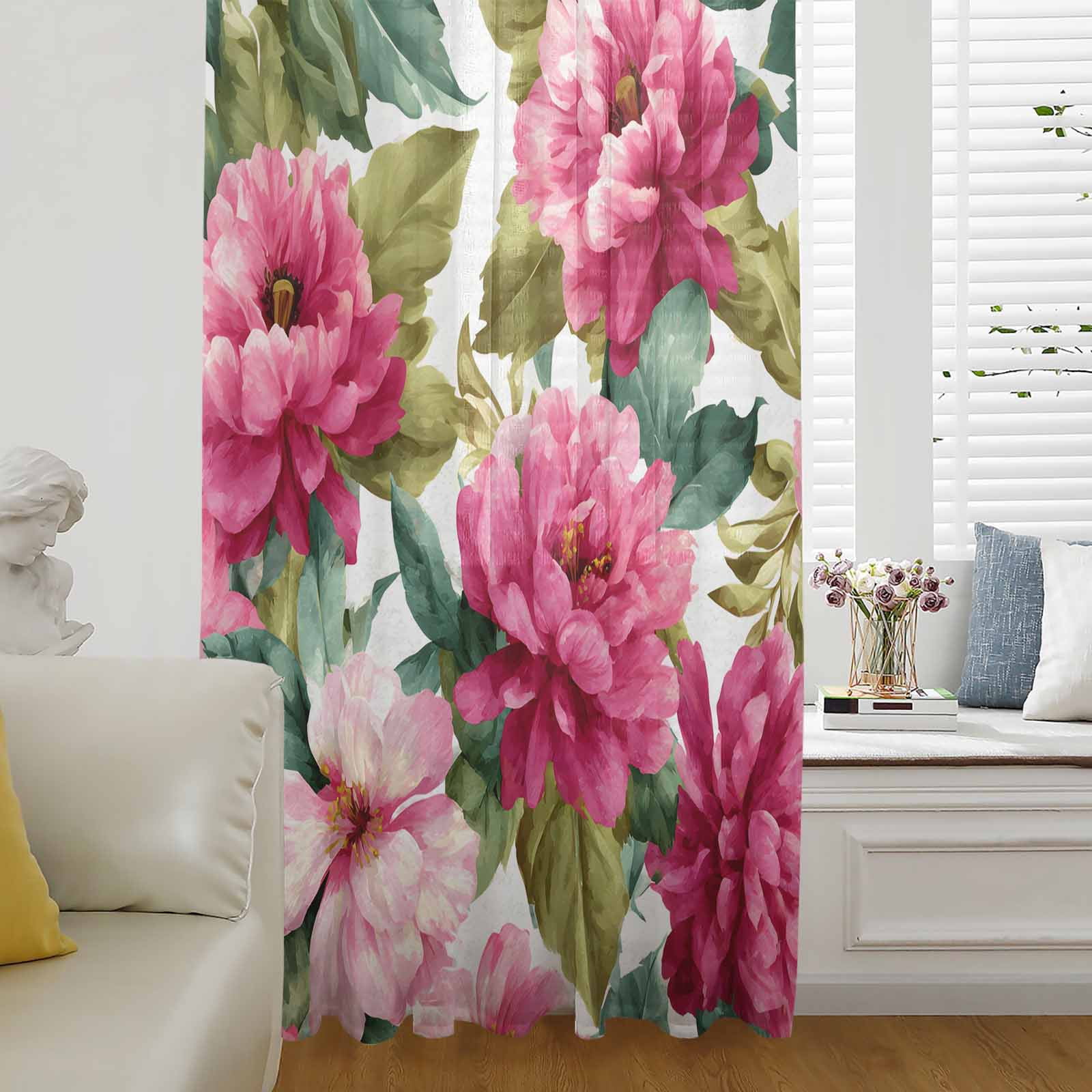 Pink Floral Semi Sheer Curtains Drapes for Living Room,Bedroom,French ...